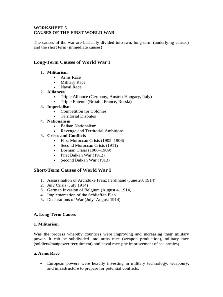 Worksheet 3 - CAUSES OF THE FIRST WORLD WAR | PDF | Austria Hungary ...