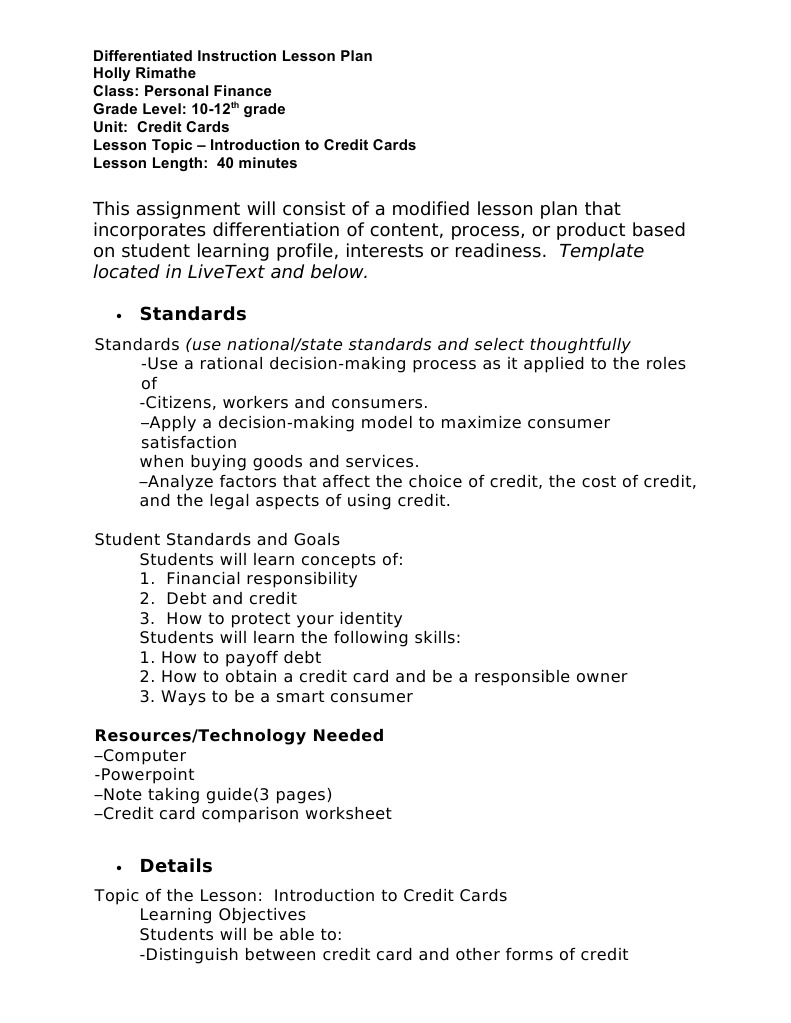 Differentiated Instruction Lesson Plan Format