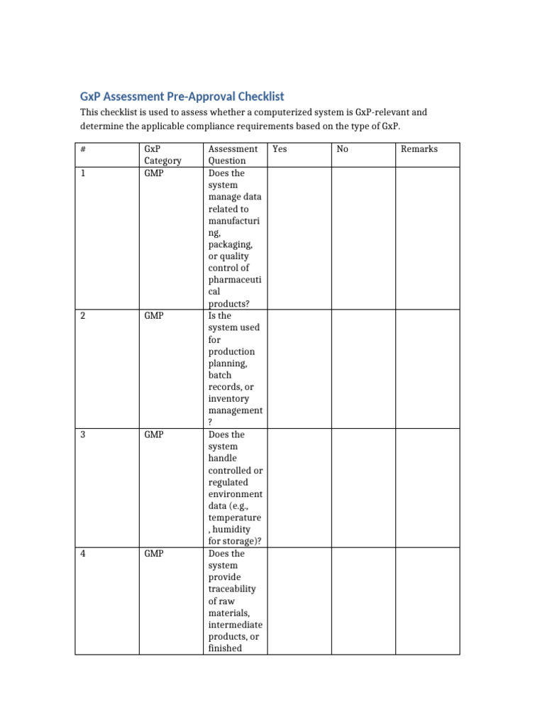 GXP Assessment Checklist | PDF | Health Sciences | Quality