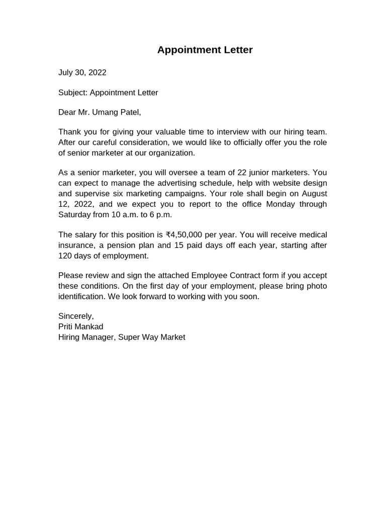 Senior Marketer Appointment Letter | PDF