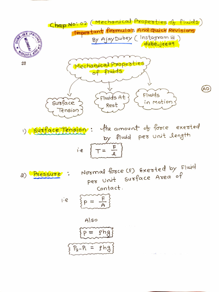 Chap 2 Mechanical Priof Fluids Imp Formula by Ajay Sir | PDF