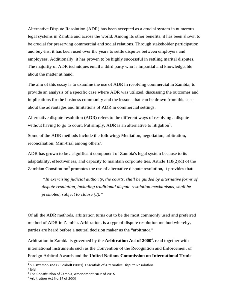 ADR in Zambian Commercial Disputes | PDF | Alternative Dispute ...