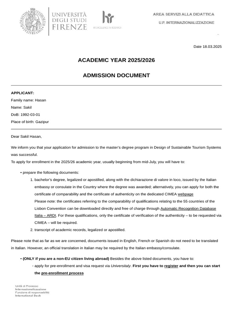 Admission Document - 2025 - 2026 A.Y. (Sakil Hasan) | PDF | Travel Visa | Government And Personhood