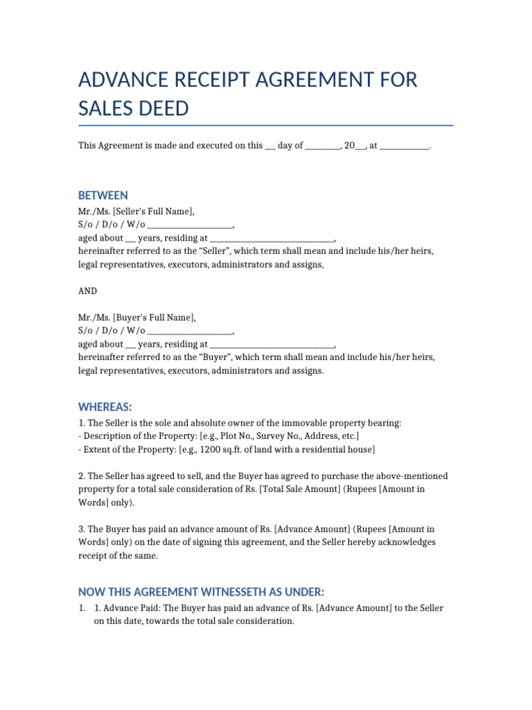 Advance Receipt Agreement Sales Deed | PDF | Deed | Real Property Law