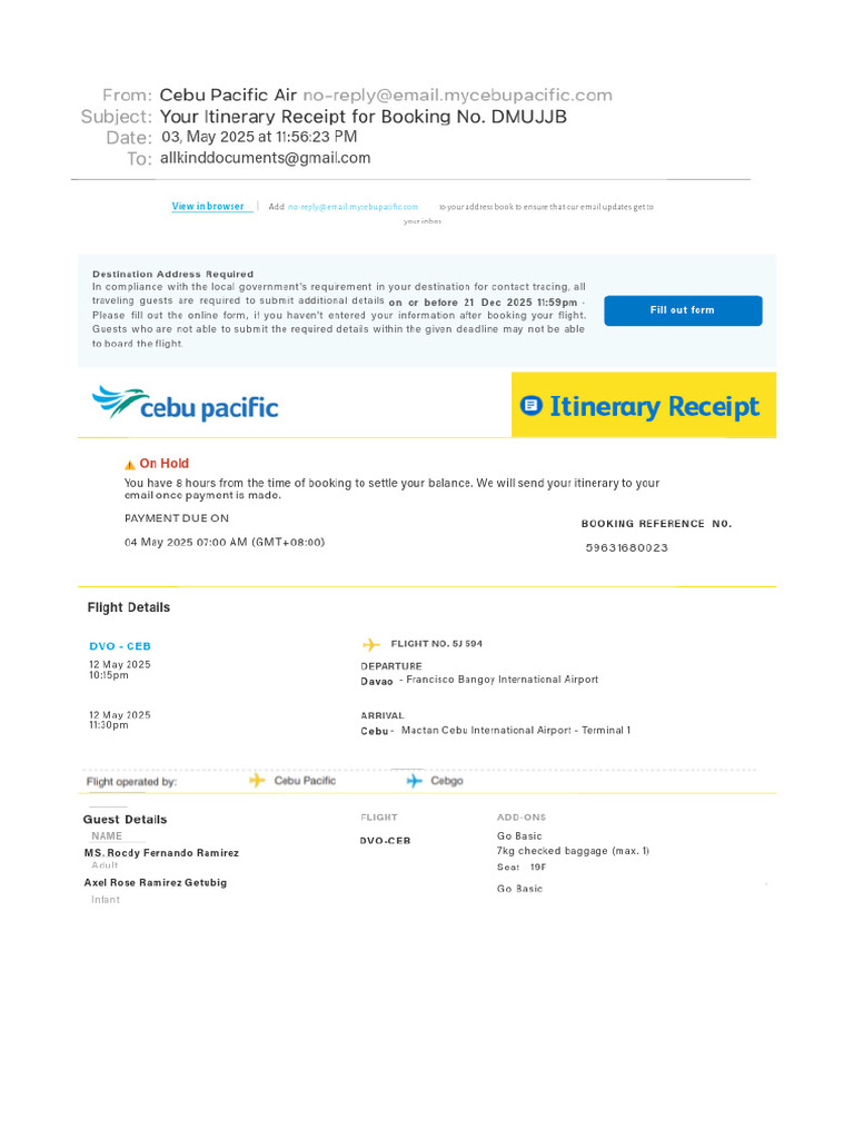 Booking Summary Cebu Pacific | PDF