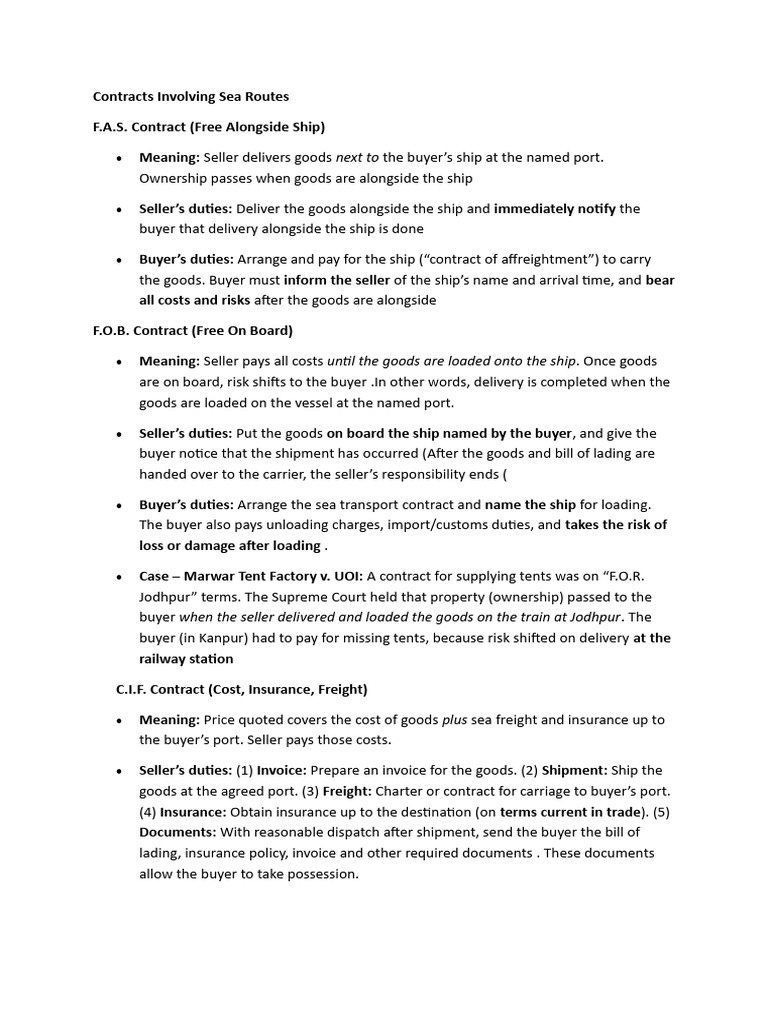 Contracts Involving Sea Routes and Performance of Contract | PDF ...