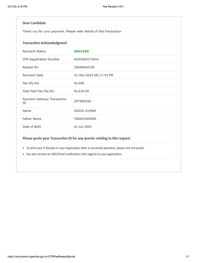 4th Clss Otr Fee Receipt | PDF