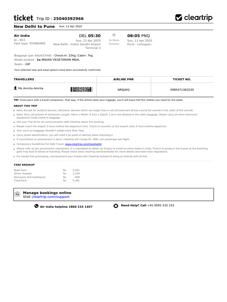 Cleartrip Flight Domestic E-Ticket | PDF | Aviation | Transport