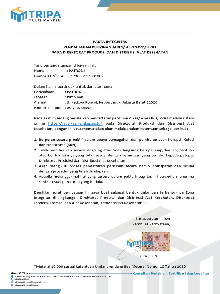 Pakta Integritas PKRT TMM | PDF