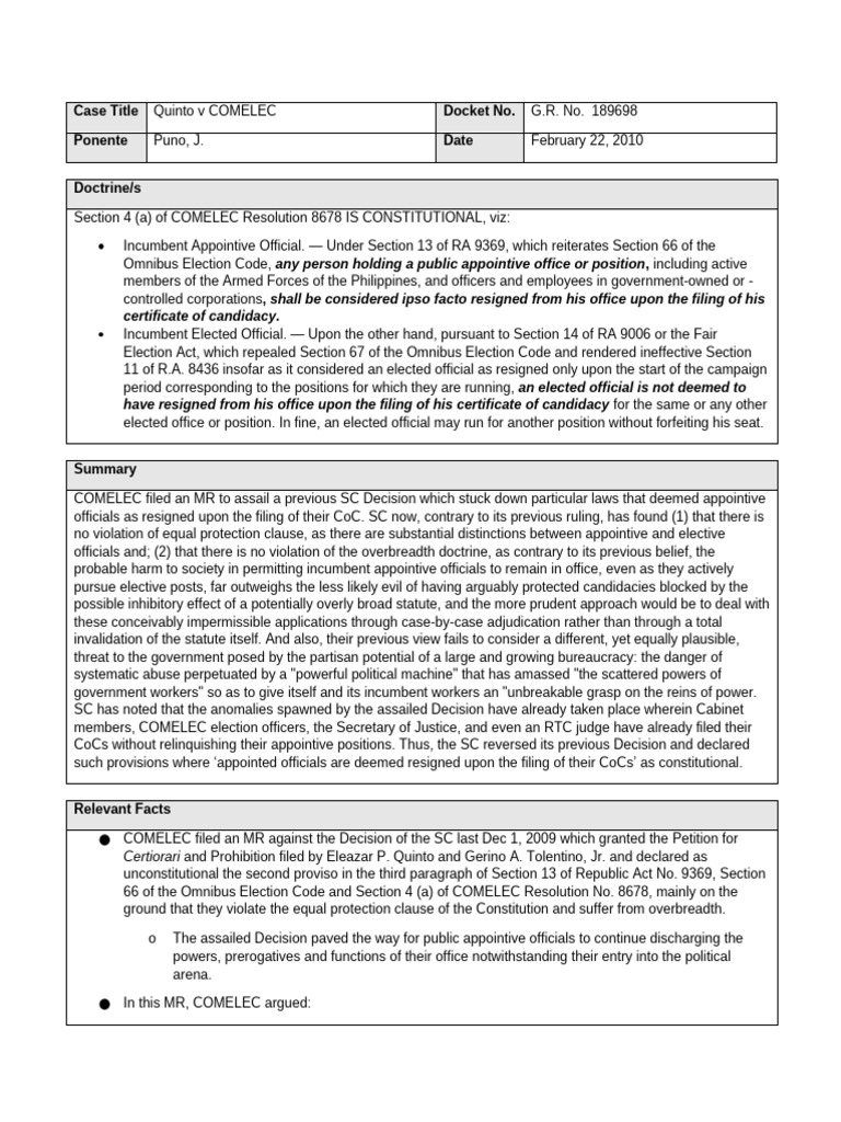 Quinto V COMELEC Digest | PDF | Overbreadth Doctrine | Equal Protection ...