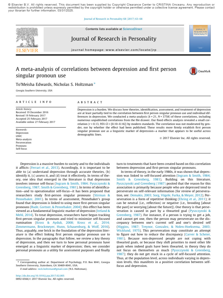 A Meta-Analysis of Correlations Between Depression and First Person ...