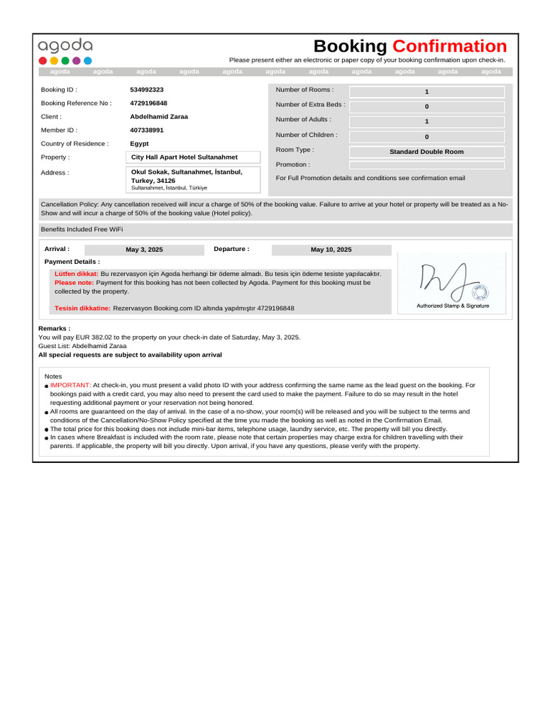 Confirmation For Booking ID # 534992323 | PDF