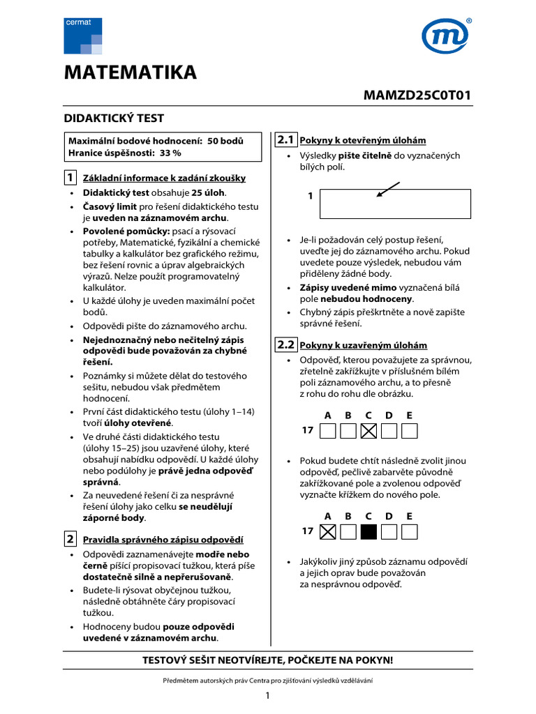 Maturitní Test Z Matematiky 2025 | PDF