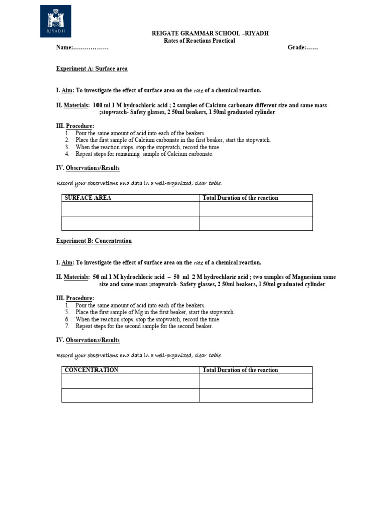Rates of Reaction Experiment | PDF | Acid | Experiment