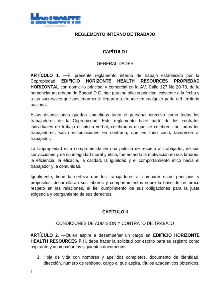 Reglamento Interno de Trabajo Horizonte | PDF | Salario | Derecho laboral