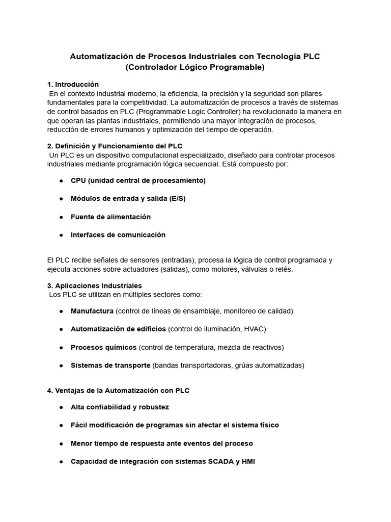 Automatización de Procesos Industriales con Tecnología PLC (Controlador Lógico Programable ...