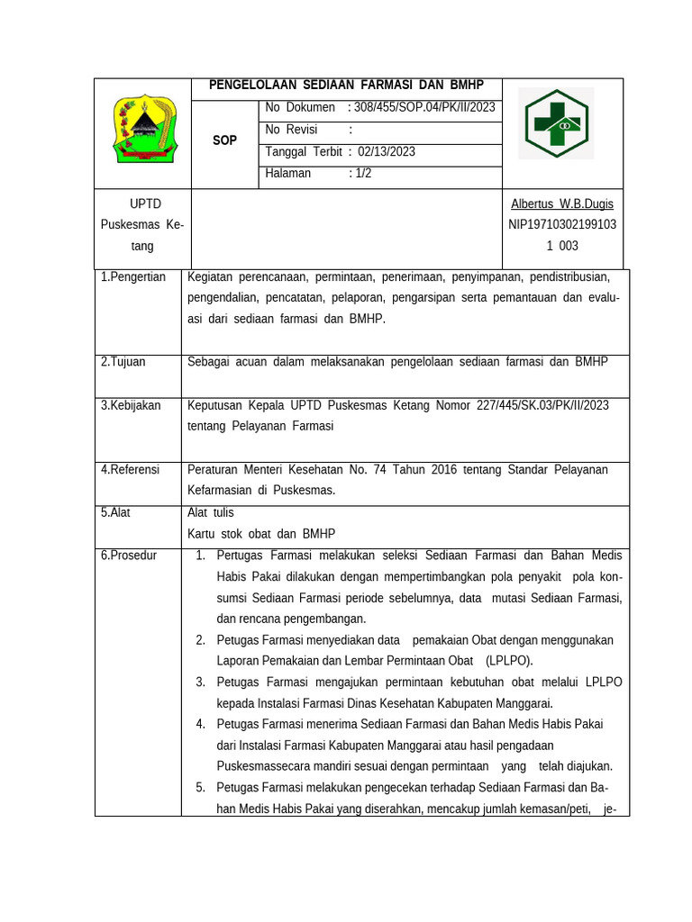 4.2.1.c Sop Pengelolaan Sediaan Farmasi Dan Bmhp | PDF