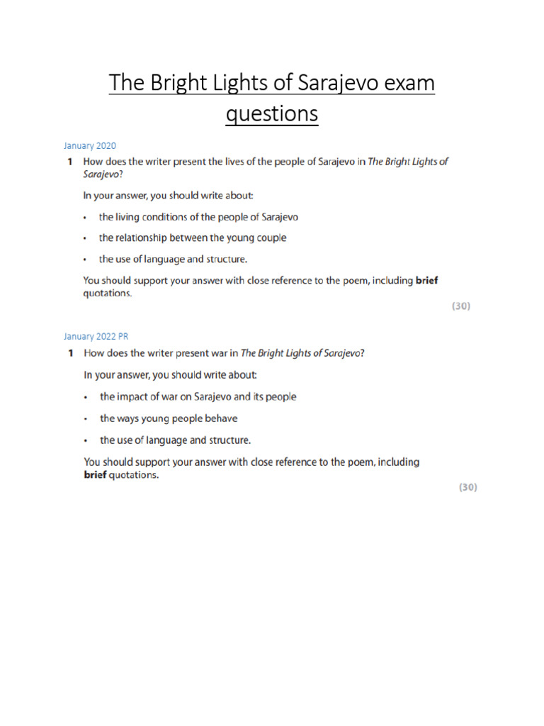 The Bright Lights of Sarajevo Exam Questions | PDF