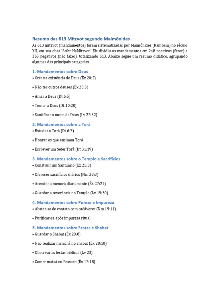 Resumo 613 Mitzvot Maimonides | PDF