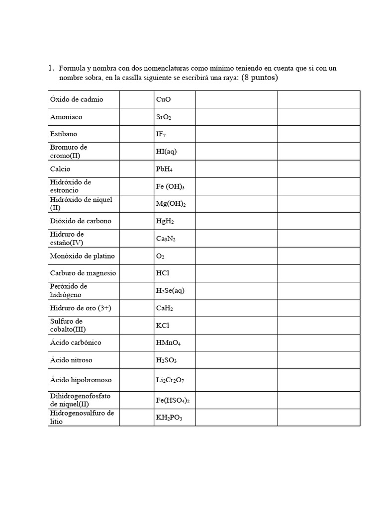 Simulacro control 0. FormulacioÌ n completa y Sol | PDF | Ácido | Hidróxido