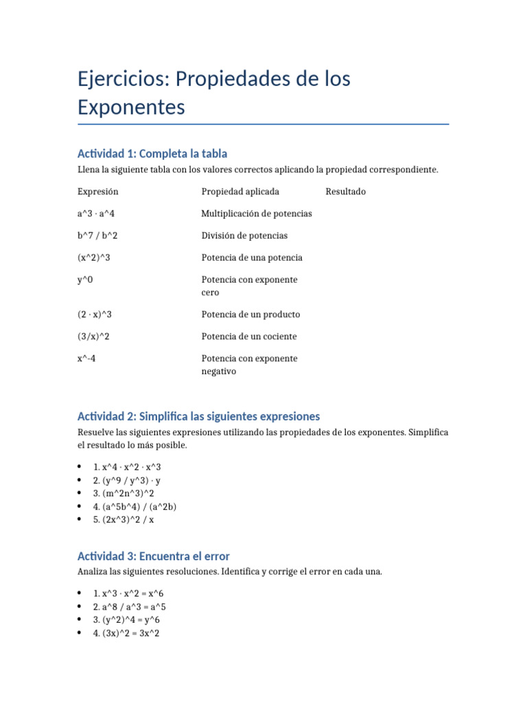 Ejercicios sobre Propiedades de Exponentes | PDF | Exponenciación ...
