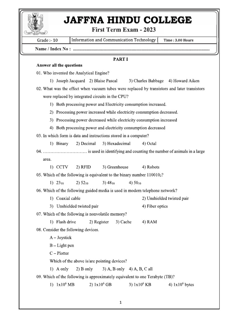 First Term Exam - 2023 Ict Jaffna Hindu Collage | PDF