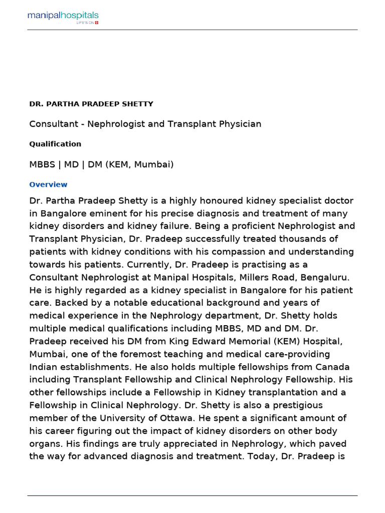 DR Partha Pradeep Shetty Consultant Nephrologist and Transplant Physician | PDF | Nephrology ...