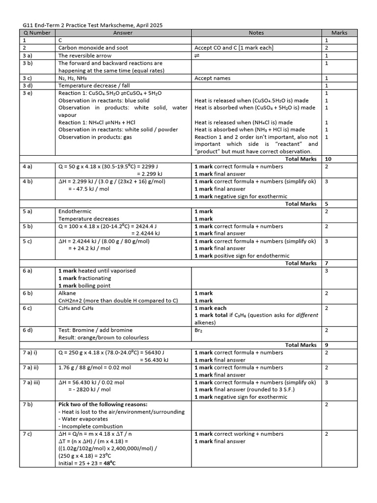 MARK SCHEME G11 Chemistry Mock Test ETT2 | PDF | Chemical Reactions ...