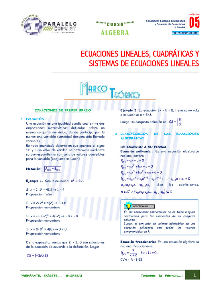 Ecuaciones Lineales y Cuadráticas | PDF | Ecuaciones | Sistema de ...