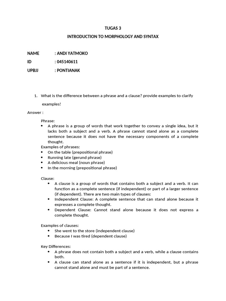 Tugas 3 Introduction To Morphology and Syntax | PDF | Syntax | Phrase
