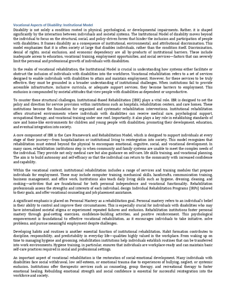 Vocational Aspects of Disability Institutional Model | PDF | Behaviour ...