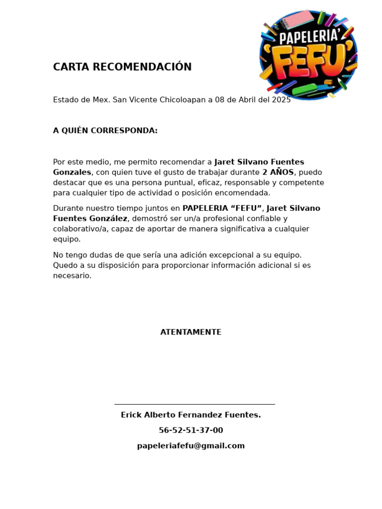 Carta de recomendación para Jaret Fuentes | PDF