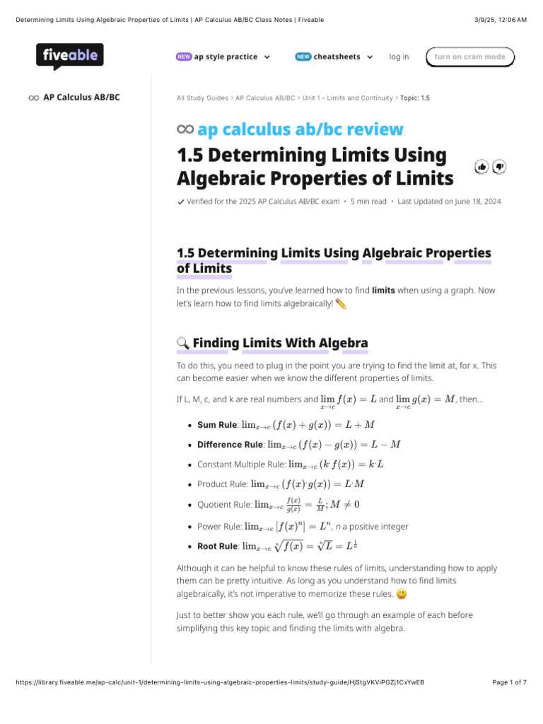 1.5 Determining Limits Using Algebraic Properties of Limits - AP ...