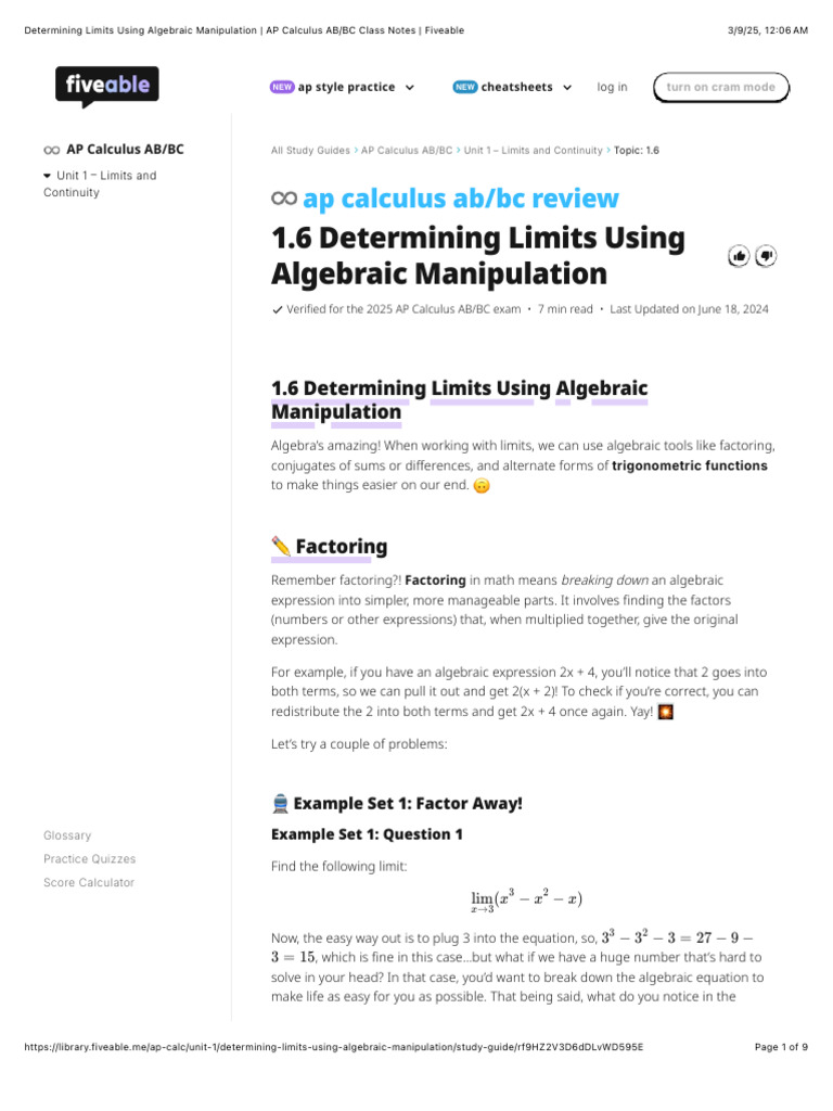 1.6 Determining Limits Using Algebraic Manipulation - AP Calculus AB:BC ...