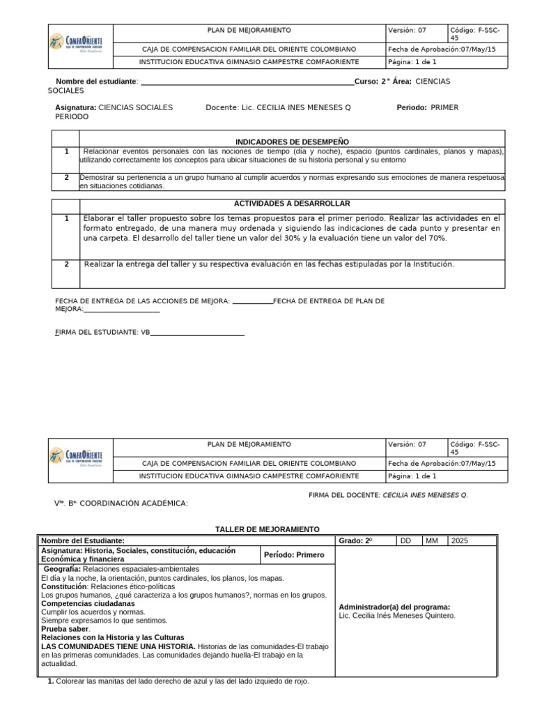 PLAN DE MEJORA SOC. 2°I PER 2025 Ceci. | PDF