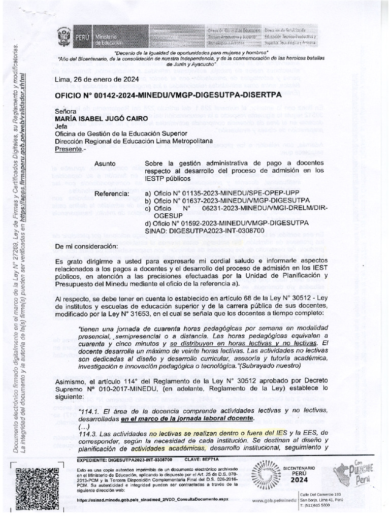 Oficio 142 2024 Minedu - Pagos Por Admision | PDF