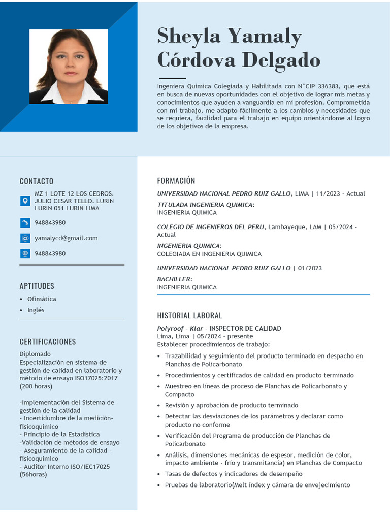 Sheyla CV | PDF | Ingeniería Química