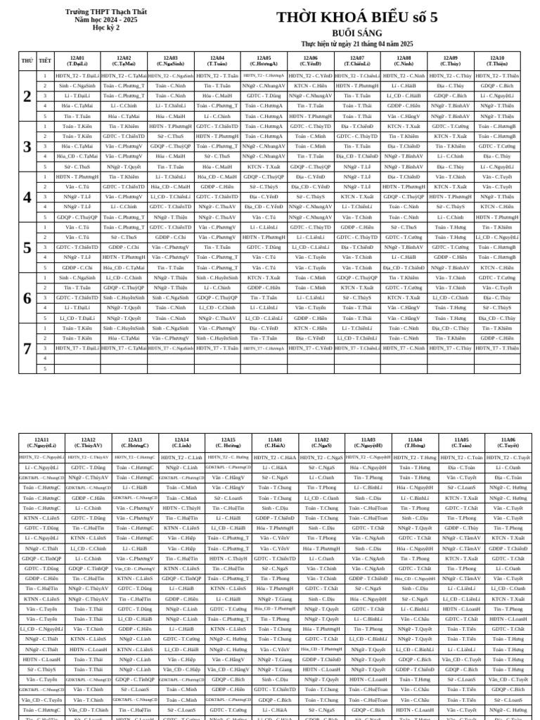 TKB SO 5 - Ky 2 Nam 2024 - 2025 - Thuc Hien Tu 21-4-2025 - Hoc Sinh | PDF