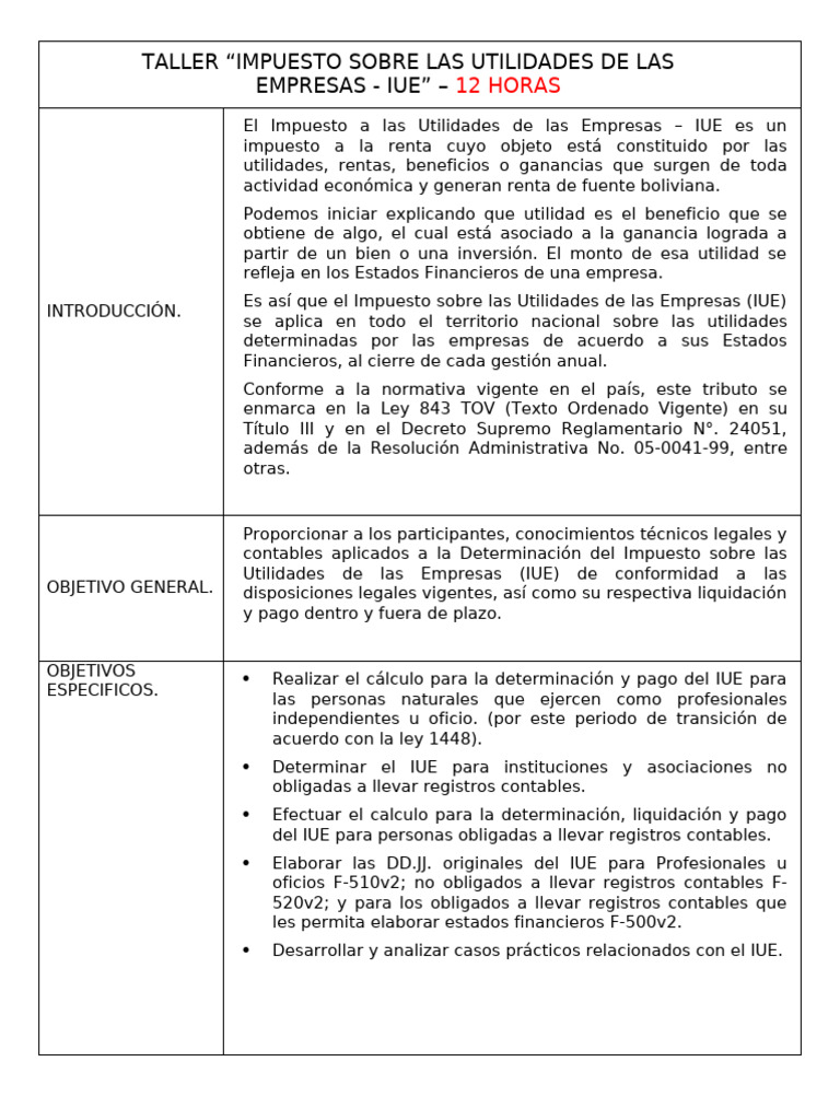 Taller sobre Impuesto a Utilidades IUE | PDF | Contador | Contabilidad