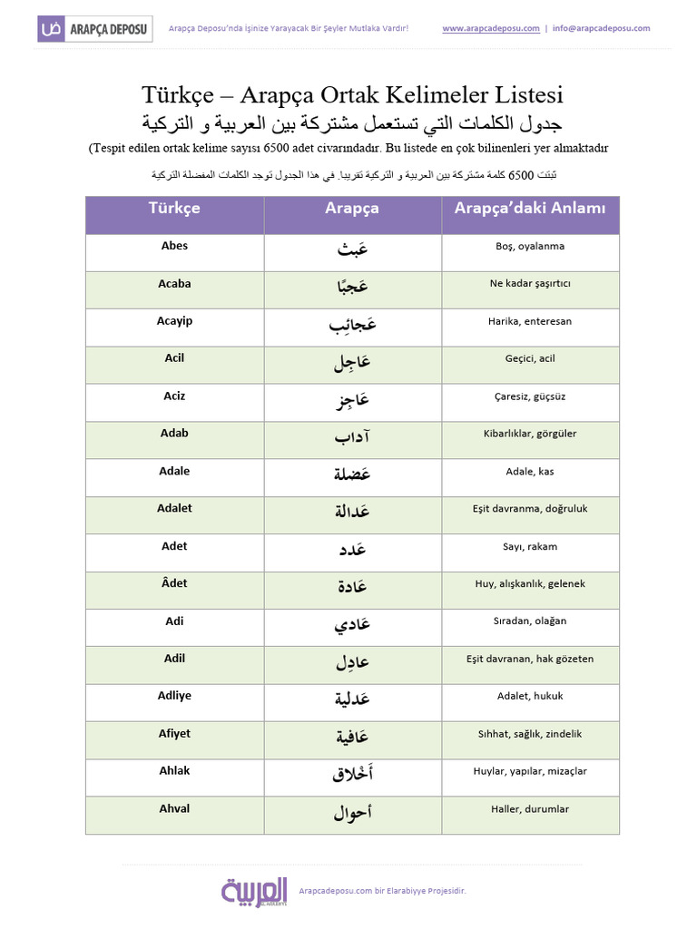 Turkce Arapca Ortak Kelimeler | PDF