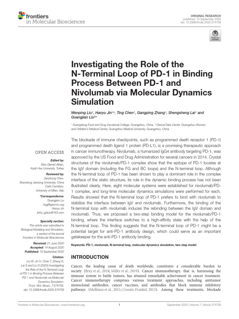 Investigation of The Role of N Terminal Loop of PD1 in Nivolumab ...