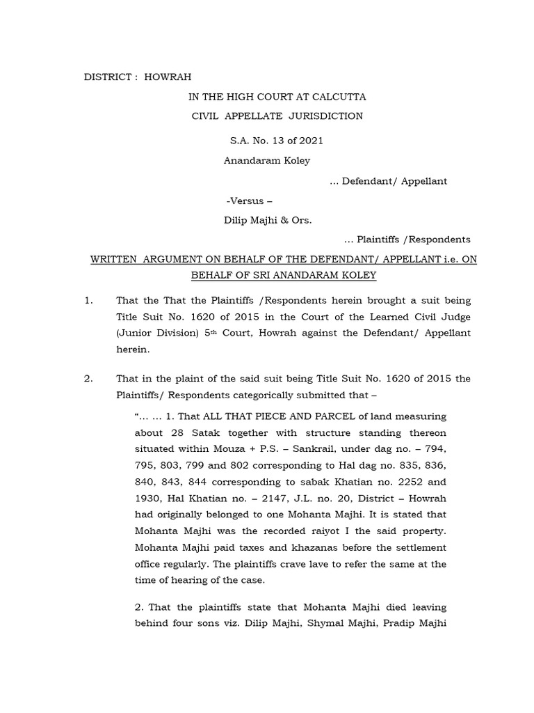 Anandaram Koley - Written Argument - 02.05.2025 | PDF | Lawsuit | Appeal