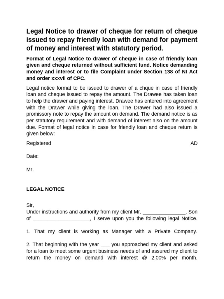 Legal Notice To Drawer of Cheque For Return of Cheque Issued To Repay ...