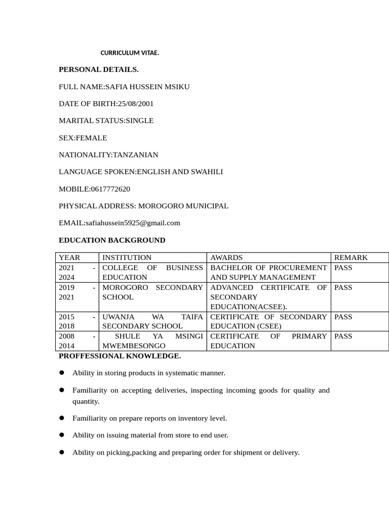 Safia Cv-Store Keeper | PDF