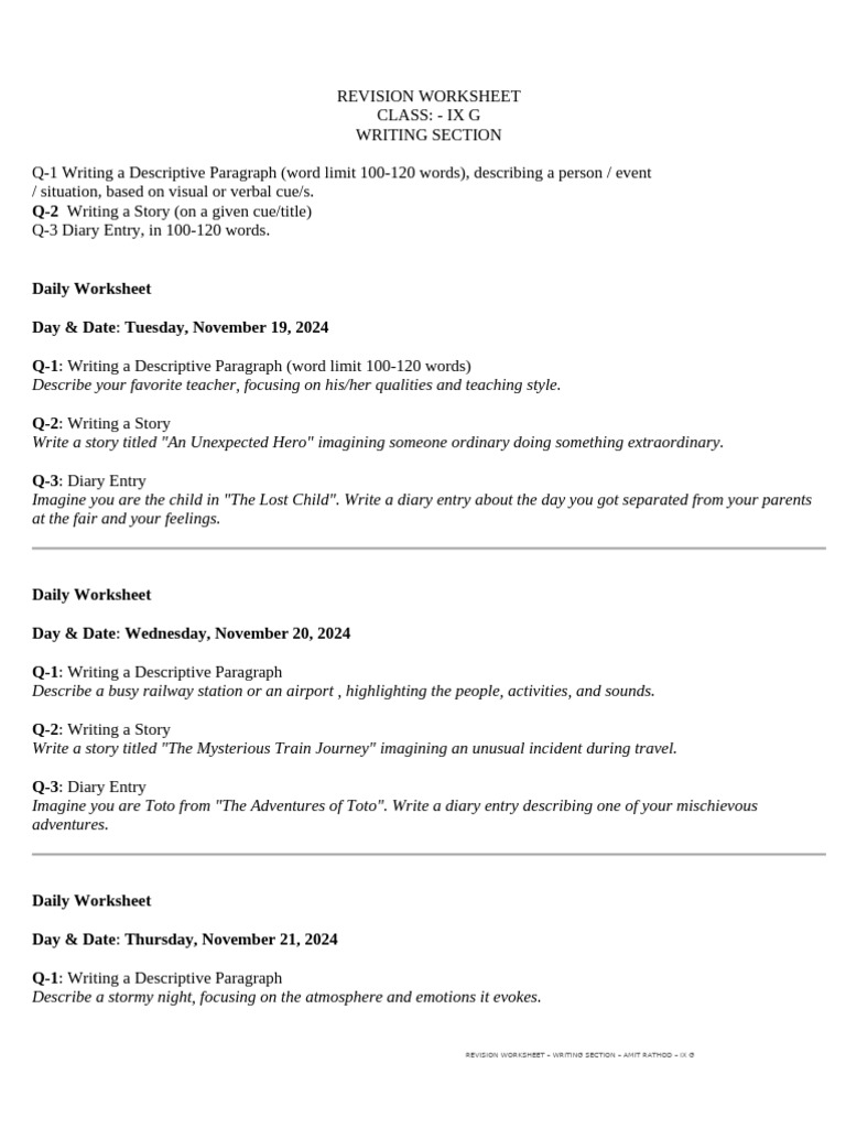 Class 9 Revision - Writing Section | PDF