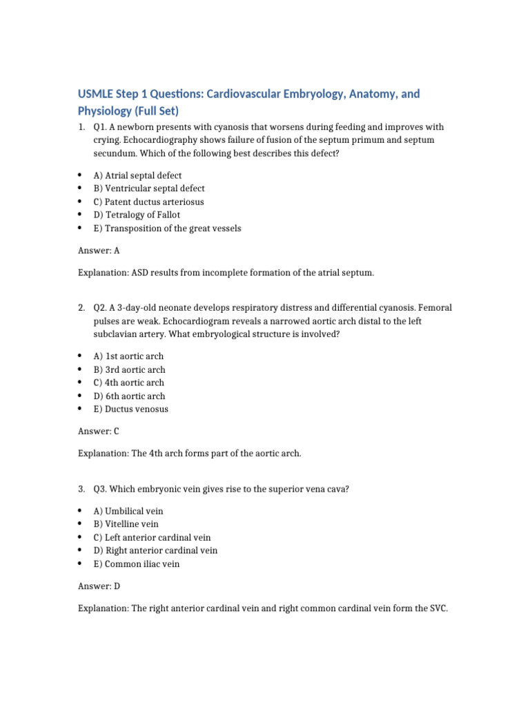 USMLE Cardiovascular Full 50 Questions | PDF | Aorta | Coronary Circulation