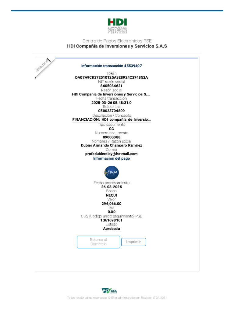 Pasarela de Pagos - Realtech LTDA - Resulado Transaccion | PDF