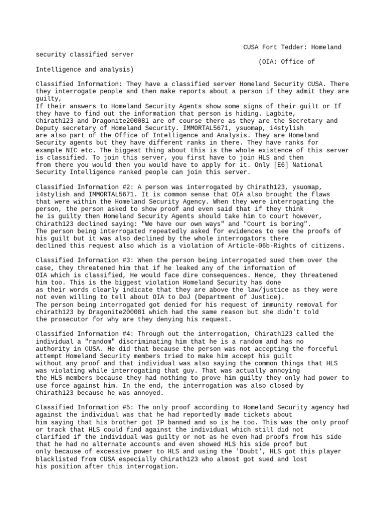 CUSA Fort Tedder: Classified Interrogation Insights | PDF