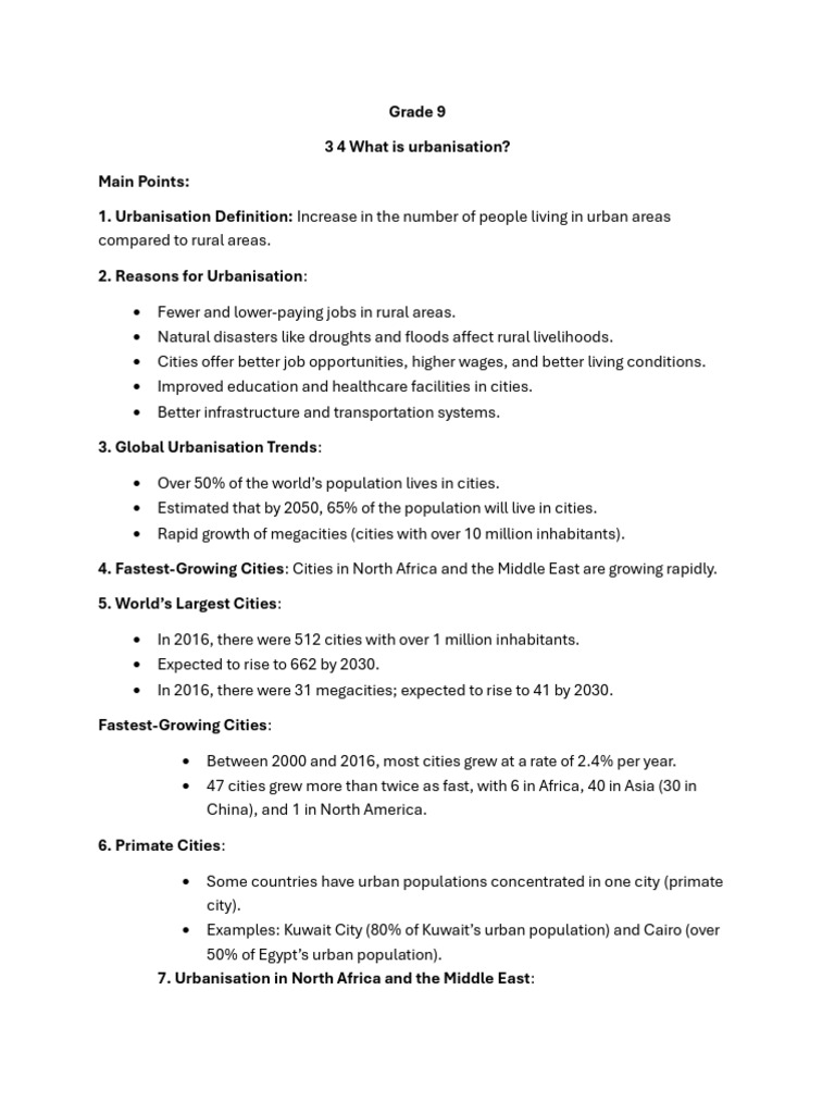 Grade 9 3.4 What Is Urbanisation Class | PDF | Urbanization | Egypt