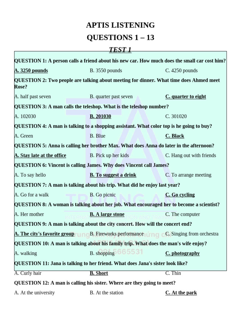 Aptis Listening Test q1 - 13 Keys | PDF